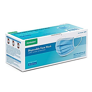 Tenergy Triple-layer Filtration Disposable Face Masks with Nose Clip and Ear Loops, 50 Pack Blue Masks