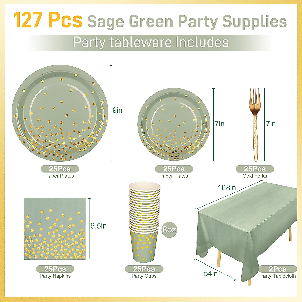 Etsutomy Sage Green Party Supplies, 127PCS Sage Green Paper Plates Napkins Cups Forks Disposable Dinnerware Set Serves 25 Guests, Sage Green Party Decorations for Wedding Baby Shower