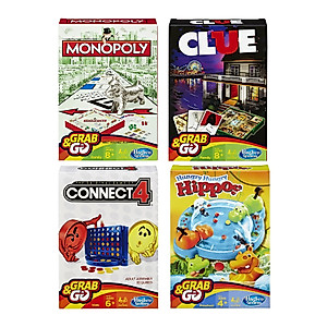 Hasbro Family Grab and Go Variety Pack Bundle: Clue, Monopoly, Connect 4 and Hungry Hungry Hippos Travel Sized Board Games (4 Items)