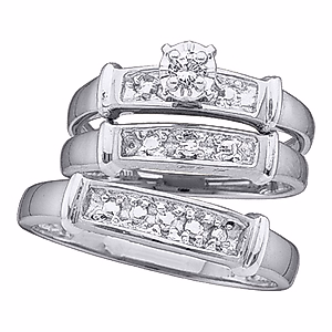 Sizes - L = 6, M = 12 - 925 Sterling Silver Round Diamond Trio Three Ring Set - Matching His and Hers Engagement Ring & Wedding Bands - Prong Set Solitaire Center Setting Shape (.07 cttw.) - Please use drop down menu to select your desired ring sizes