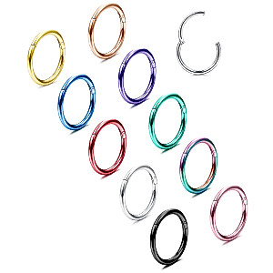 BESTEEL 10 Pcs 16G 18G Hinged Clicker Nose Rings Helix Cartilage Daith Hoop Earrings for Women Men Septum Tragus Sleeper Conch Piercing Earring Set 8-12MM