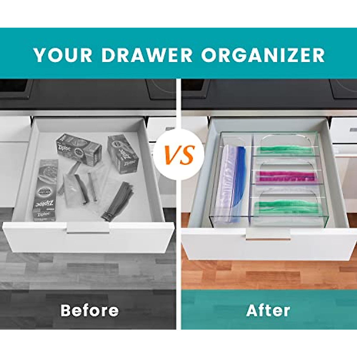 Ziplock Bag Storage Organizer, Acrylic Kitchen Drawer Baggie Box for Ziploc, Plastic Bag Holder, Food Storage Bag Holder, Compatible with Ziploc, Solimo, Glad, Hefty for Gallon, Quart, Sandwich & Snack Variety Size Bags