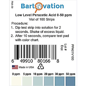 Peracetic Acid Test Strips, 0-50 ppm [Vial of 100 Strips]