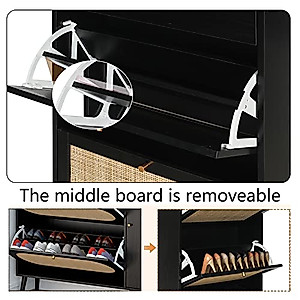 SSLine Shoe Cabinet with 3 Flip Down Storage Shelves Free-Standing Wide Shoe Rack Modern Black Wood Shoe Storage Cabinet Organizer with Rattan Decor,Drawer& Side Cupboard for Entryway Hallway Doorway