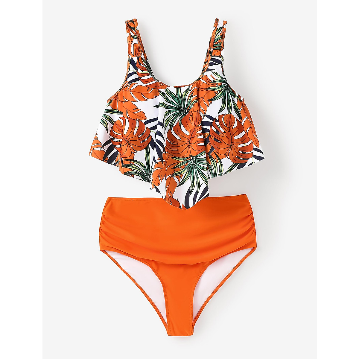 PATPAT Matching Family Swimsuits Two Piece Mother Daughter Matching Swimsuits Hawaiian Tropical Orange Palm Leaf Print Beach Vacation Matching Bathing Suits for Couples Ruffle Bikini for Women L