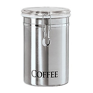 OGGI Stainless Steel Canister 62oz - Airtight Clamp Lid, Clear See-Thru Top - Ideal for Coffee Bean/Ground Coffee /Kitchen/ Pantry Storage. Large Size 5" x 7.5".