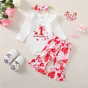 Aslaylme Newborn Girl Valentine Day Clothes Baby My 1st Valentine's Day Flare Pant Outfit (Red, 0-3 Months)