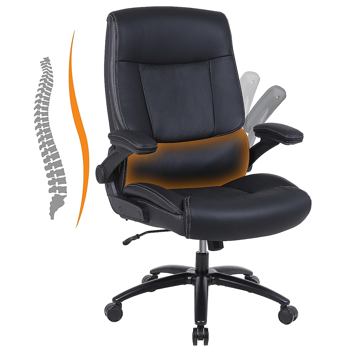 Youhauchair Big and Tall Office Chair, 500LBS Executive Desk Chair with Lumbar Support, PU Leather Ergonomic Computer Chair with Flip-up Armrests, High Back Work Chair, Black