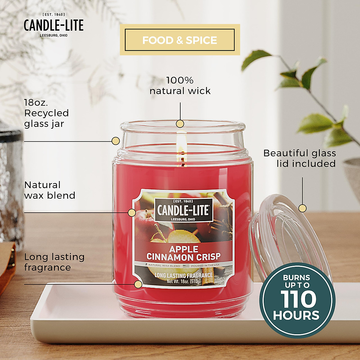 Candle-LITE Scented Candles, Apple Cinnamon Crisp Fragrance, One 18 oz. Single-Wick Aromatherapy Candle with 110 Hours of Burn Time, Red Color (Individual Box)