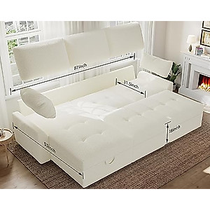 VanAcc Pull Out Sofa Bed, Modern Tufted Convertible Sleeper Sofa, Boucle Sleeper Sectional Couch Bed with Storage Chaise, L Shaped Sofa Couch for Living Room (White)