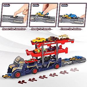 Aoskie Transport Car Carrier Truck Toy for Boys and Girls, Hauler Launch Vehicles Play Set with Mini Cars and Road Signs