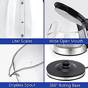 RAINBEAN Electric Kettle Water Boiler, 1.8L Electric Tea Kettle, Wide Opening Hot Water Boiler with LED Light, Auto Shut-Off & Boil Dry Protection, Glass Black