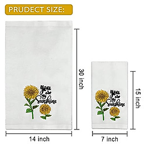 Hexagram Sunflower Hand Towels Set of 2-Embroidered Sunflower Kitchen Decor-100% Cotton Soft Luxury Decorative Hand Towel for Bathroom-Housewarming Gifts Sunflower Bathroom Towels 13.8 x 29.5 Inch