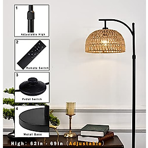 QIYIZM Floor Lamp for Living Room Bedroom Farmhouse Rattan Standing Lamp with Control,Wicker Black Industrial Dimmable Floor Light Rustic Adjustable Tall Lamp,Boho Bamboo Lamp Shade Floor Lamps