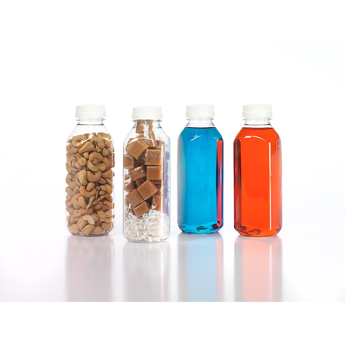 (6) 16 oz. Clear Food Grade Square Plastic Juice Bottles with White Tamper Evident Caps 6/pack