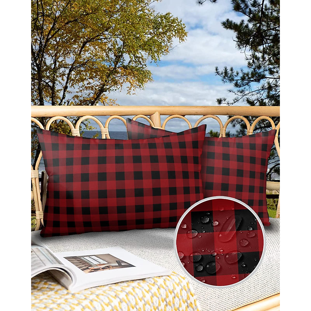 Sailground Outdoor Pillows, Red and Black Buffalo Check Plaid Pillow Covers 12x20, Outdoor Pillow Covers, Outdoor Pillows for Patio Furniture, 2Pack Throw Pillow Covers, Waterproof Throw Pillows