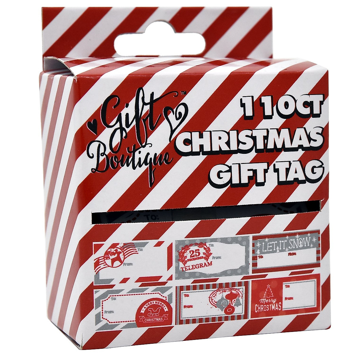 Gift Boutique Christmas Sticker Gift Tags Roll Box 110 Count Elegant Red & Silver Designs Personalized Holiday Self-Adhesive Name Labels Write On Then Peel & Stick for Wrapping Packages & Presents