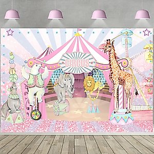 Withu Pink Circus Backdrop Big Top Tent Animals Carnival Kids Girl Birthday Party Dessert Candy Cake Table Decor Baby Shower Banner Photo Photography Background