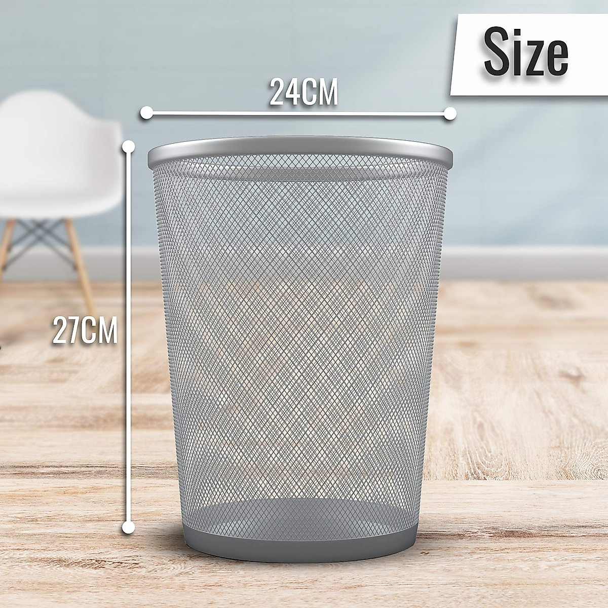 Zuvo Circular Mesh Waste Paper Bin | Lightweight Waste Basket Garbage Can | Metal Trash Bin Ideal for Kitchen Home Office Bin Dorm Room Living Room Desk Bedroom. (1 Silver) (27 X 24 cm)
