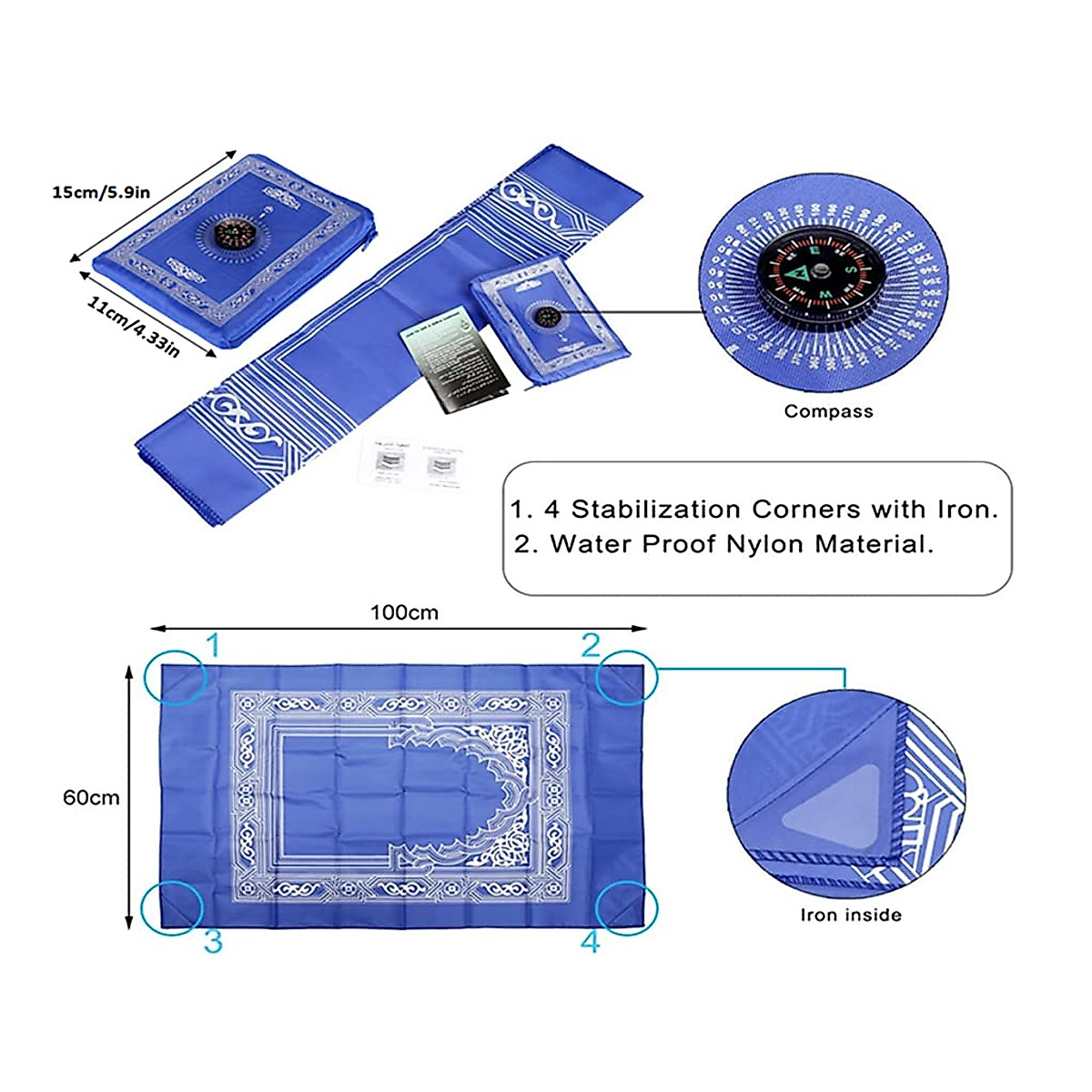 Anlising 2 Pieces Portable Travel Prayer Mat with Compass, Waterproof Polyester Prayer Rug, Muslim Travel Prayer Mat, for Ramadan Gifts (60cm×100cm)