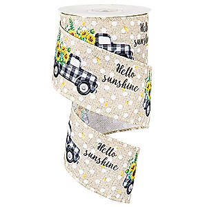 Whaline Vintage Wired Edge Ribbon Sunflower Truck Pattern Ribbon Spring Summer Fabric Decorative Craft Ribbon Roll for Gift Wrapping Decor Hair Bow Sewing Wreath Crafts, 10 Yard