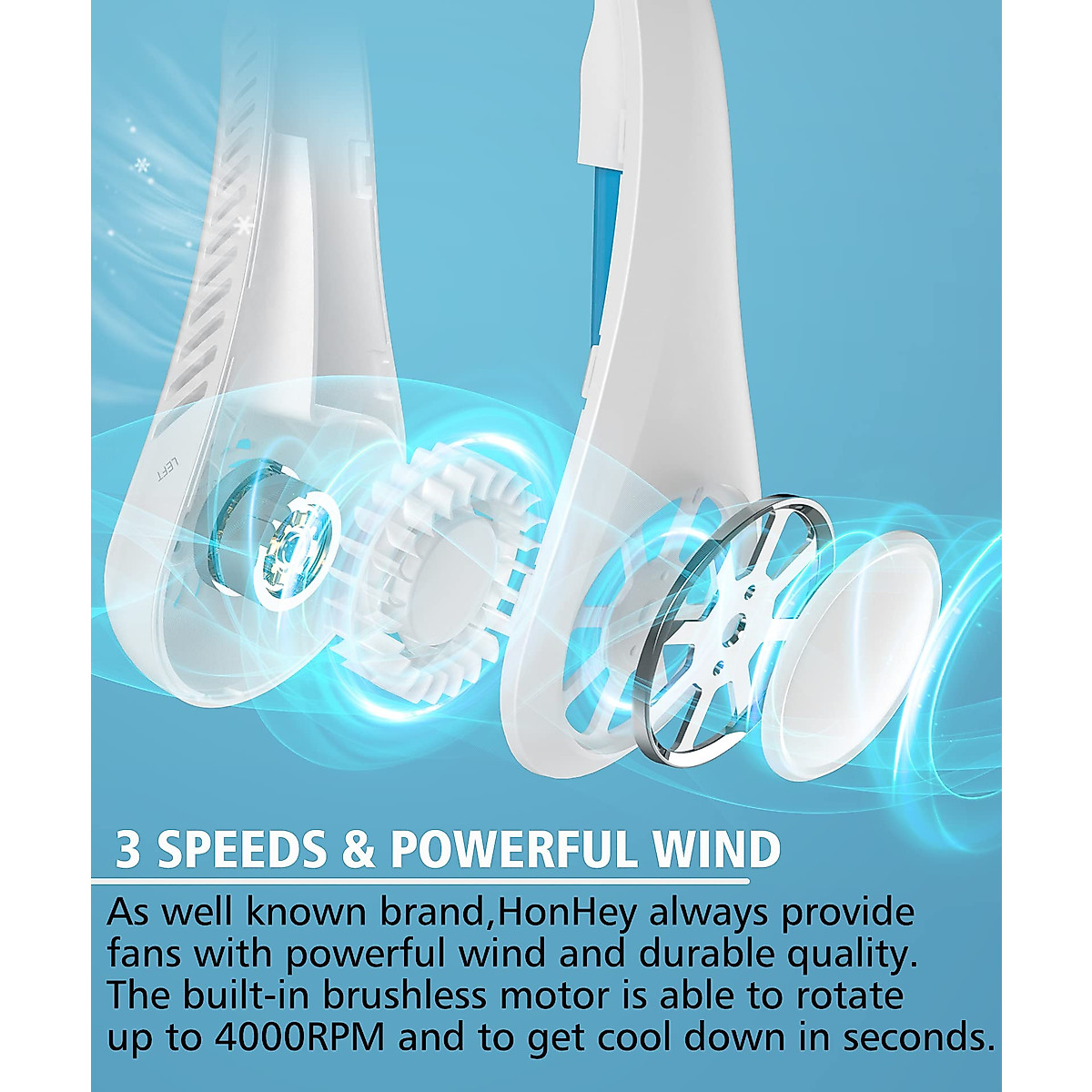 HonHey Personal Neck Fan, Bladeless Portable Neck Fan with 5000mAh Rechargeable Battery Operated and 3 Adjustable Speed, Adjustable Hands Free Fan, 360°Wearable Fan for Working/Outdoor/Travelling (GREEN)