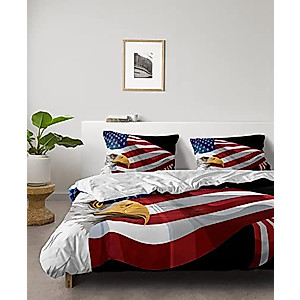 4 Piece Bedding Duvet Cover Set USA Flag Eagle Black Back,Soft Bedspread Pillow Shams Microfiber Quilt Cover Independence Day Star and Stripe,Washable Bed Sheet Comforter Set for Bedroom King