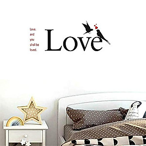 BIBITIME Love and You Shall be Loved Quotes Stickers Couple Birds Kissing Red Hearts Wall Decal Vinyl Sticker for Living Room Couple Bedroom Girlfriend Room Decor