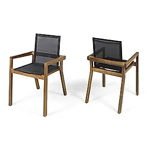 Christopher Knight Home Jimmy Outdoor Acacia Wood and Mesh Dining Chairs (Set of 2), Teak Finish