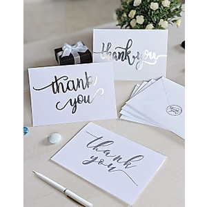 100 Thank You Cards in White with Envelopes & Stickers - Elegant 4 Designs Bulk Notes Embossed with Silver Foil Letters for Wedding, Formal, Business, Graduation, 4x6 Inch Thick Card Stock