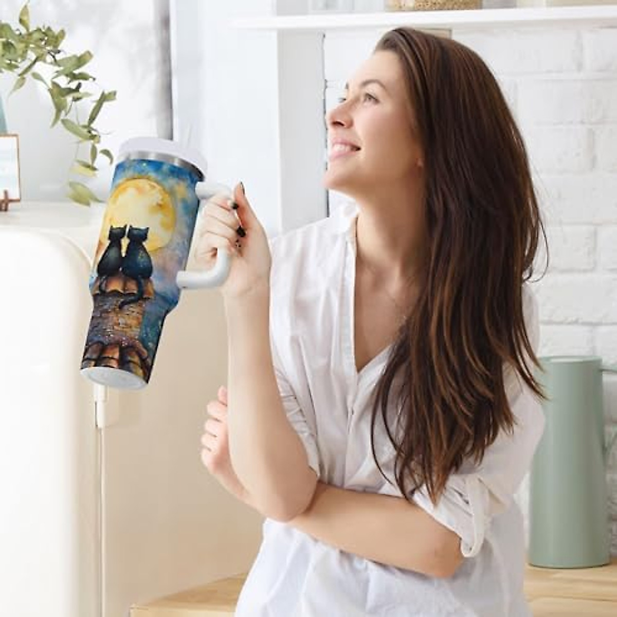 ODAWA Romantic Cats Moon Blue Travel Coffee Tumbler 40 Oz Drinking Cups with Lid and Straw