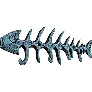 Moby Dick Nautical Coastal Fish Bones Cast Iron Wall Hook Peg Decor Teal Black