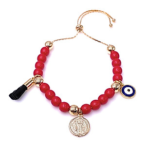 LESLIE BOULES Saint Benedict Red Glass Beads Bracelet Genuine Azabache and Blue Evil Eye Handmade Jewelry