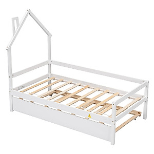 Harper & Bright Designs Twin House Bed for Kids with House-Shaped Headboard, Wood Twin Size Platform Bed with Trundle,Cute Twin Daybed Frame for Boys Girls, White