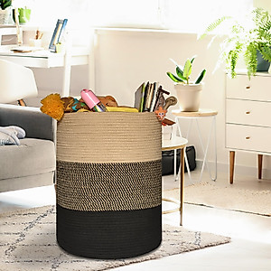 COMSE Extra Large Blanket Basket, High Storage Basket, Tall Rope Laundry Basket, 15.7”x 21.7”, Cotton Rope Basket, XXXL Laundry Basket, Toy Basket, Woven Basket, Clothes Baskets,Brown/Black
