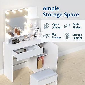 Makeup Vanity Table, Make Up Vanity Desk with Large Mirror and 10 LED Lights, Brightness Adjustable, Dresser Table Desk with Drawers & Shelves, Bedroom Vanitys Desk for Girls Women, White, New