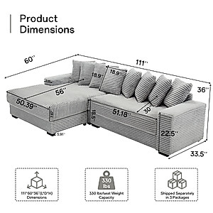 Modular Couch, L Shaped Modular Cloud Couch with Pillows and Track Arm, Corduroy Fabric Modular Sofa for Living Room Office Studio Flat, Left Facing Chaise Sofa (Gray)