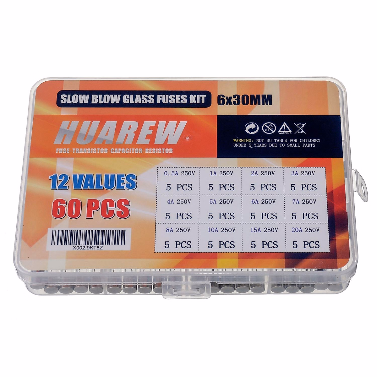 HUAREW 12 Values 60 Pcs 6x30 mm Slow Blow Glass Fuse 0.24x1.18 Inch 250 V Volt T 0.5 1 2 3 4 5 6 7 8 10 15 20 A amp Assortment Kit