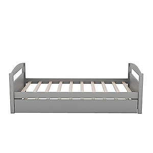 Rhomtree Twin Size Daybed with Trundle, Bed with Headboard, Wood Bed Frame, Platform Bed with Solid Construction, No Box Spring Needed(Gray, Twin)