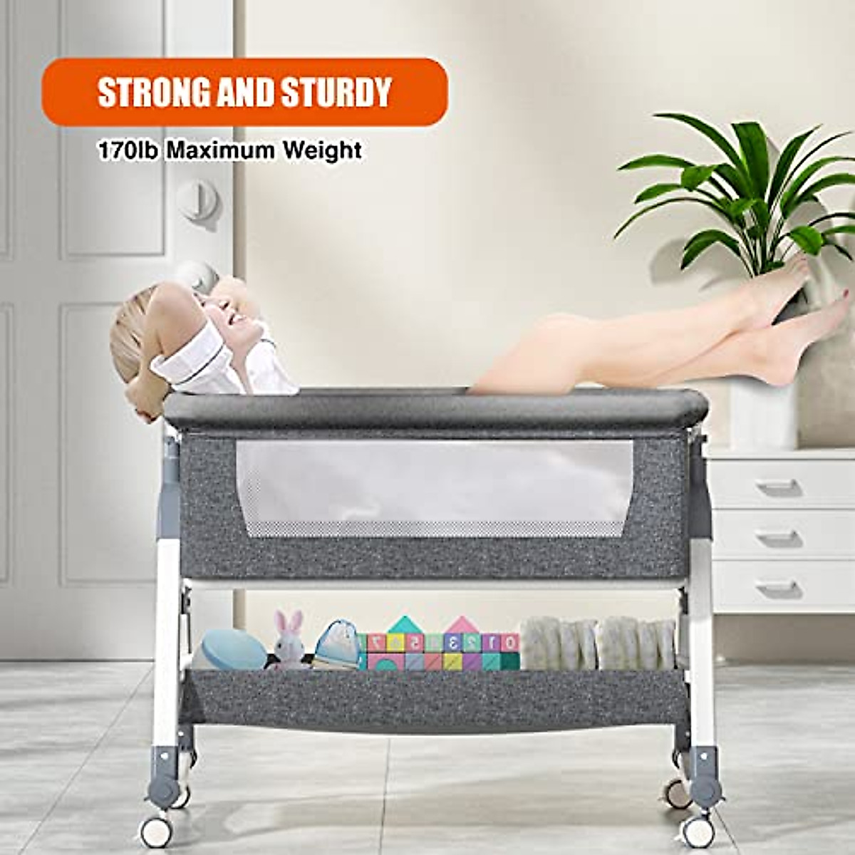 GJCOS Baby Bassinet Bedside Sleeper (Gray) - 3 in 1 Bedside Bassinet Cribs, Breathable Attached Mesh Side, Toddler Bassinet Attach to Bed, Adjustable & Convertible Bassinet Baby Co Sleeper for Bedside