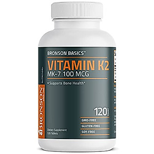 Bronson Vitamin K2 MK-7 100 MCG, K2 as MK7 Menaquinone, Bone Support 1 Year Supply, Non-GMO, 120 Tablets