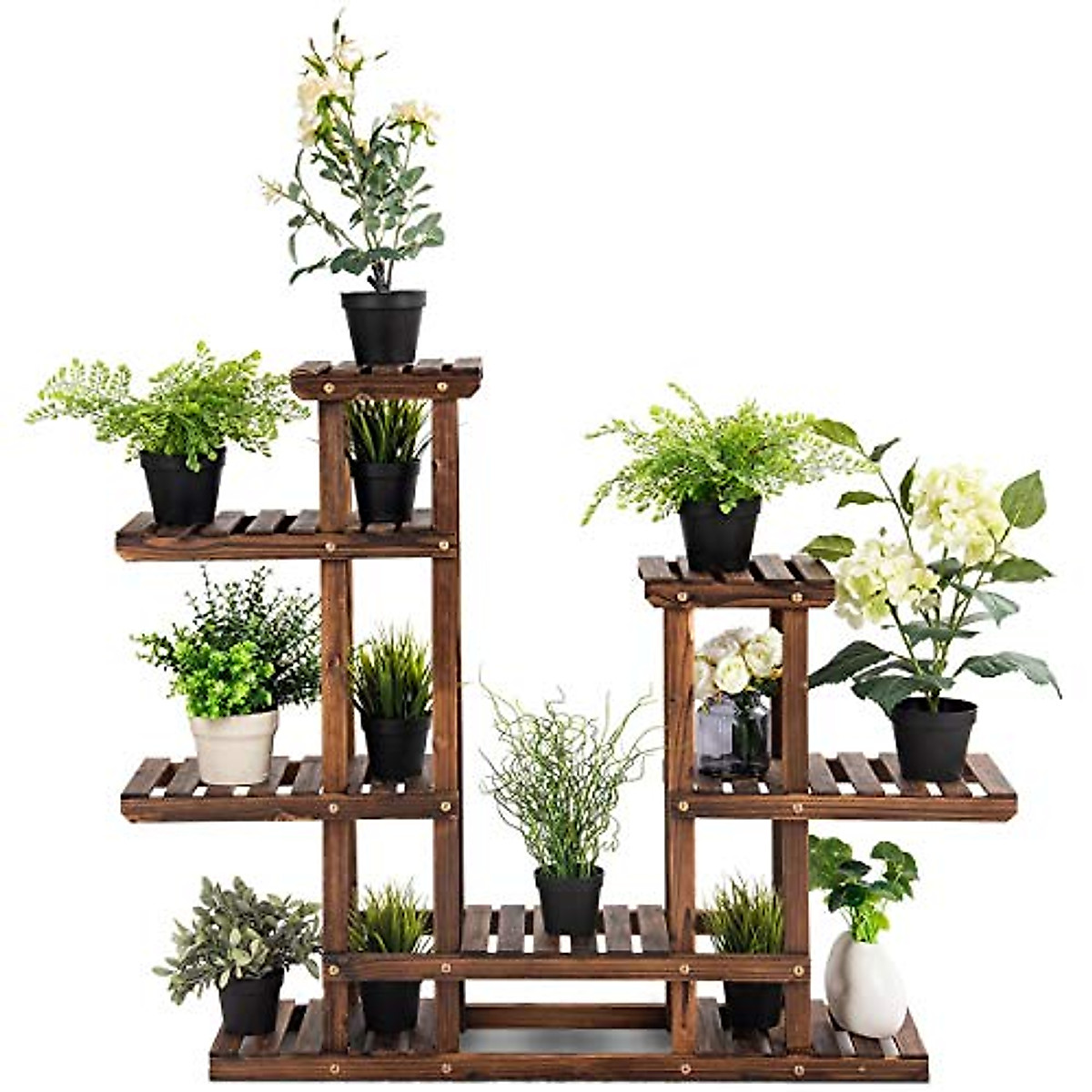 Giantex Flower Rack Wood Plant Stand 7 Wood Shelves 13 Pots Bonsai Display Shelf Indoor Outdoor Yard Garden Patio Balcony Living Room Multifunctional Storage Rack Bookshelf W/Hollow-Out Rack