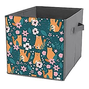 DamTma Cute Orange Cats Collapsible Storage Bins Flowers Fabric Storage Cubes with Handles Basket Storage Organizer for Shelves Closet Bedroom Living Room 10.6 in