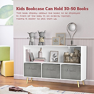 Kids Bookcase and Bookshelf Multi Shelf Cubby with 3 Collapsible Fabric Drawers Kid's Book and Toy Display Rack Toy Storage Cabinet Organizer for Playroom Nursery Children's Room School, White+Grey