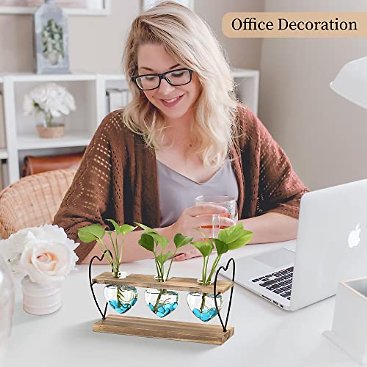takfot Plant Propagation Station with Wood Stand, Terrarium Tabletop Glass Planter for Hydroponics Air Plants Home Office Decor, Plant Holder Lover Gifts for Women-3 Heart Shaped Vase