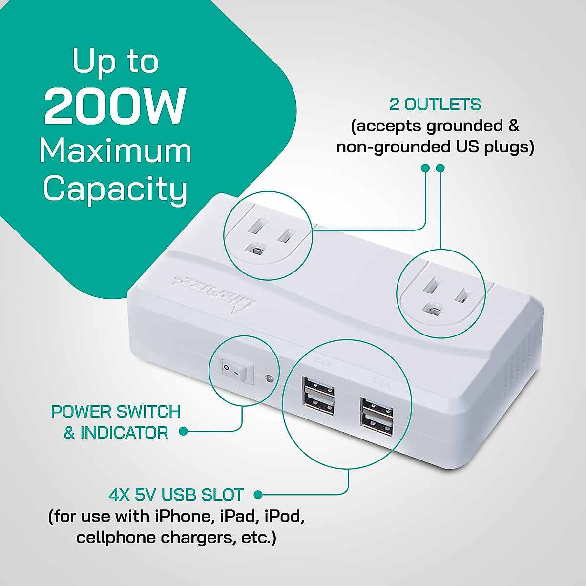 LiteFuze 200W Travel Compact Voltage 220V 50hz to 110V 60Hz Converter - for Clippers, Shavers, Trimmers - EU AU UK Adapter