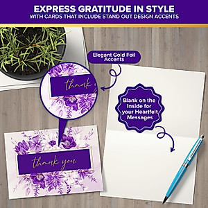 Decorably Thank You Cards with Envelopes & Stickers, Gold-Foiled Cards, 24 Pack Purple Thank You Cards with Envelopes Purple, Blank Inside Thank You Cards Purple, 6x4in Purple and Gold Thank You Cards