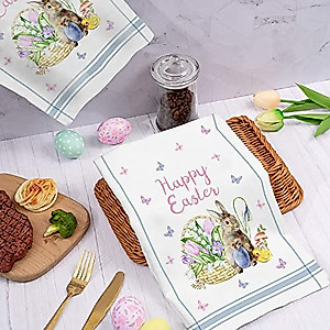 Beisseid Easter Day Kitchen Towels Bunny Eggs Butterfly Flowers Dish Cloth Fingertip Bath Towels Cloth Blue Stripes Hand Drying Soft Cotton Tea Towel Set, 18x28in 2PCS