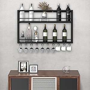 Industrial Wall Mounted Wine Rack, 2-Tier Wood Wine Bottle Shelf with Stemware Rack, Black Wine Glass Rack Multi Functional Wine Storage Display Rack for Home Bar Dining Room Kitchen (39.3×7.8×26in)