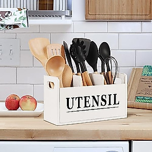 Large Rustic Kitchen Utensil Holder for Countertop, Farmhouse Wooden Utensil Holder for Kitchen Counter, 3 Compartment Rustic Cooking Utensil Holder, Kitchen Utensil Organizer Caddy for Home Decor